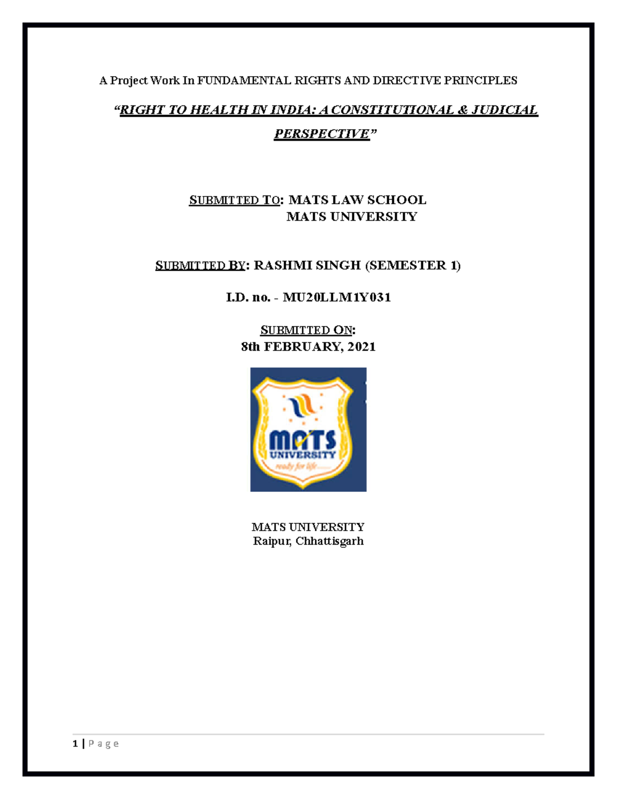 A Project Work In Fundamental Rights AND Directive Principles - A ...