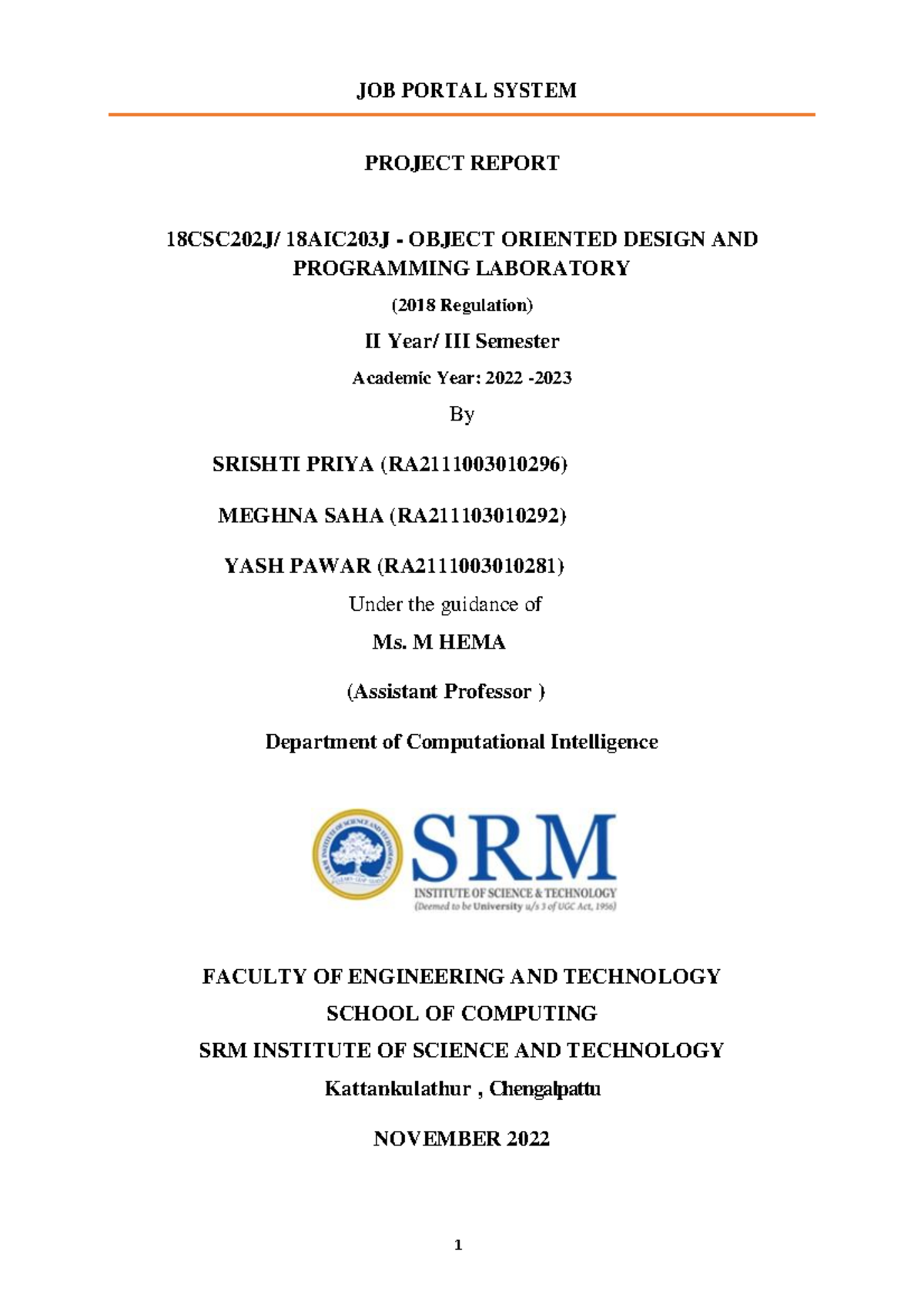 Job Portal System project - JOB PORTAL SYSTEM PROJECT REPORT 18CSC202J ...