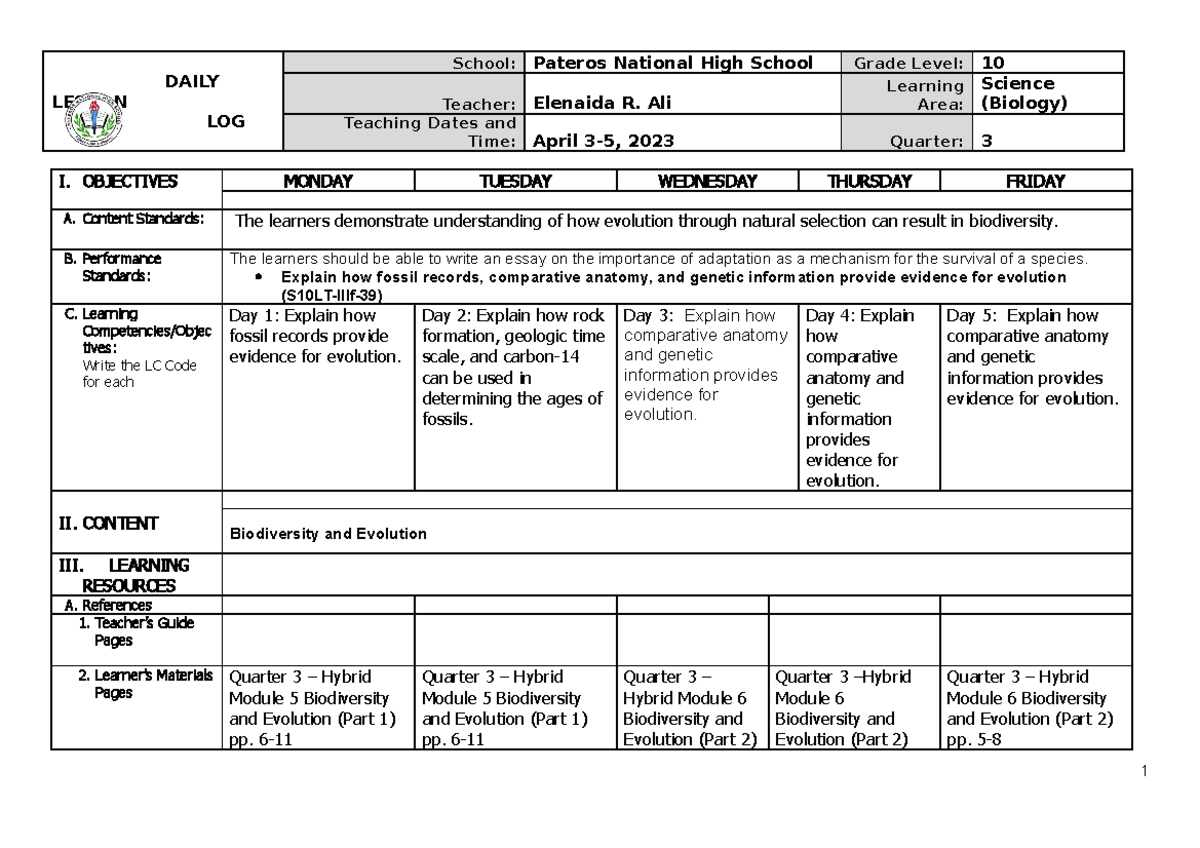 DLL April 3-7 - dll - DAILY LESSON LOG School: Pateros National High ...