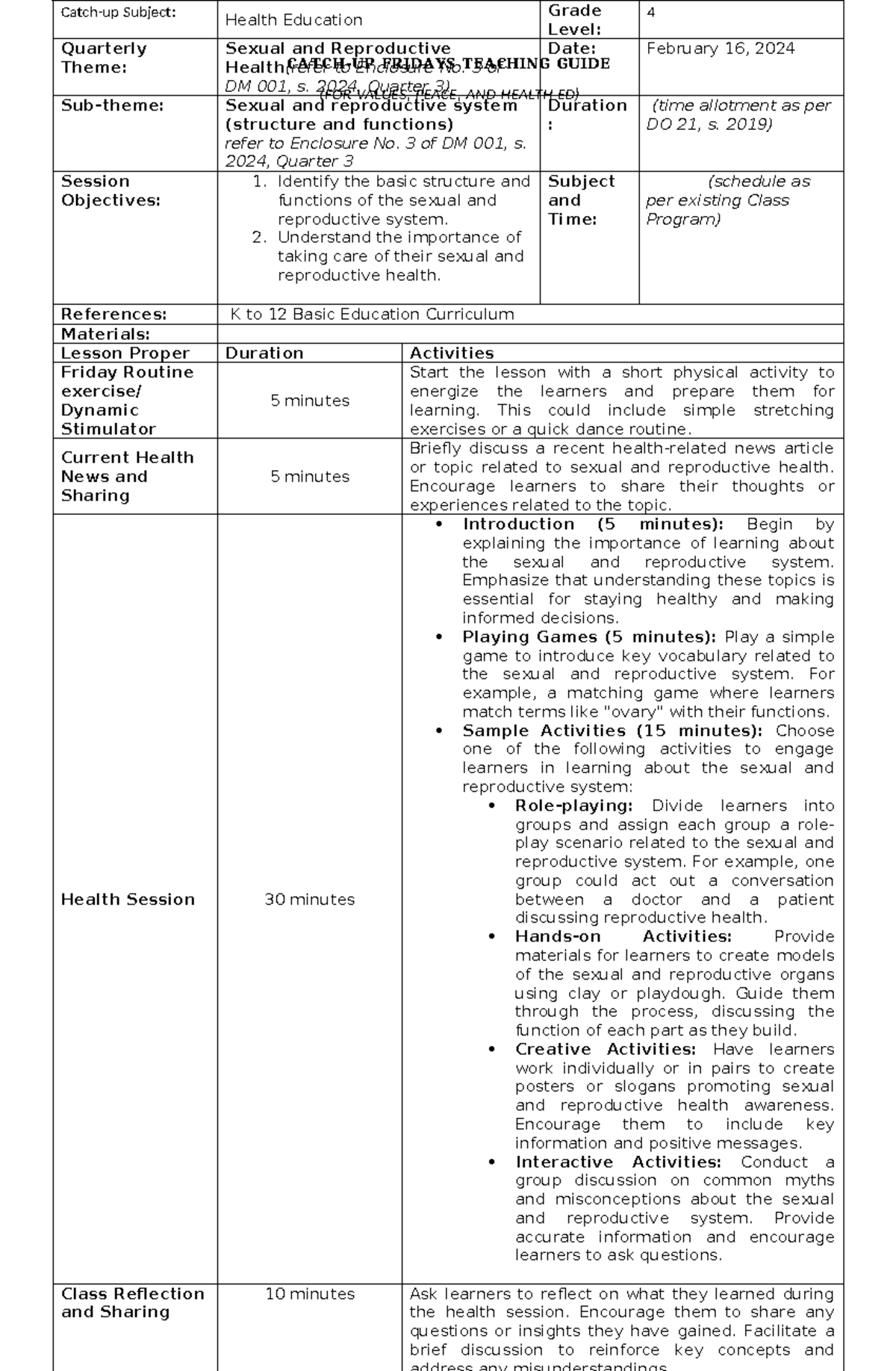 Grade 4 -Health ed catch-up plan - CATCH-UP FRIDAYS TEACHING GUIDE (FOR ...