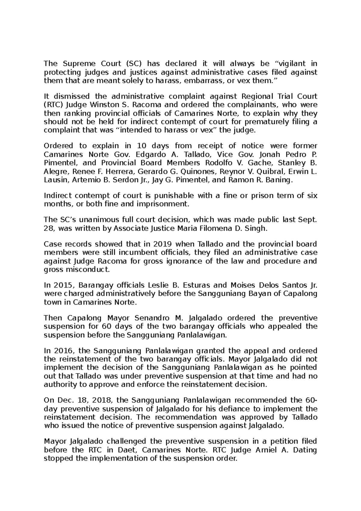 Judge Racoma FULL TEXT - The Supreme Court (SC) has declared it will ...