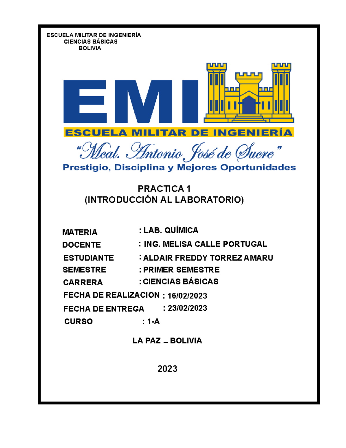 Informe 1 quimica materiales de laboratorio - ESCUELA MILITAR DE INGENIERÍA CIENCIAS BÁSICAS ...