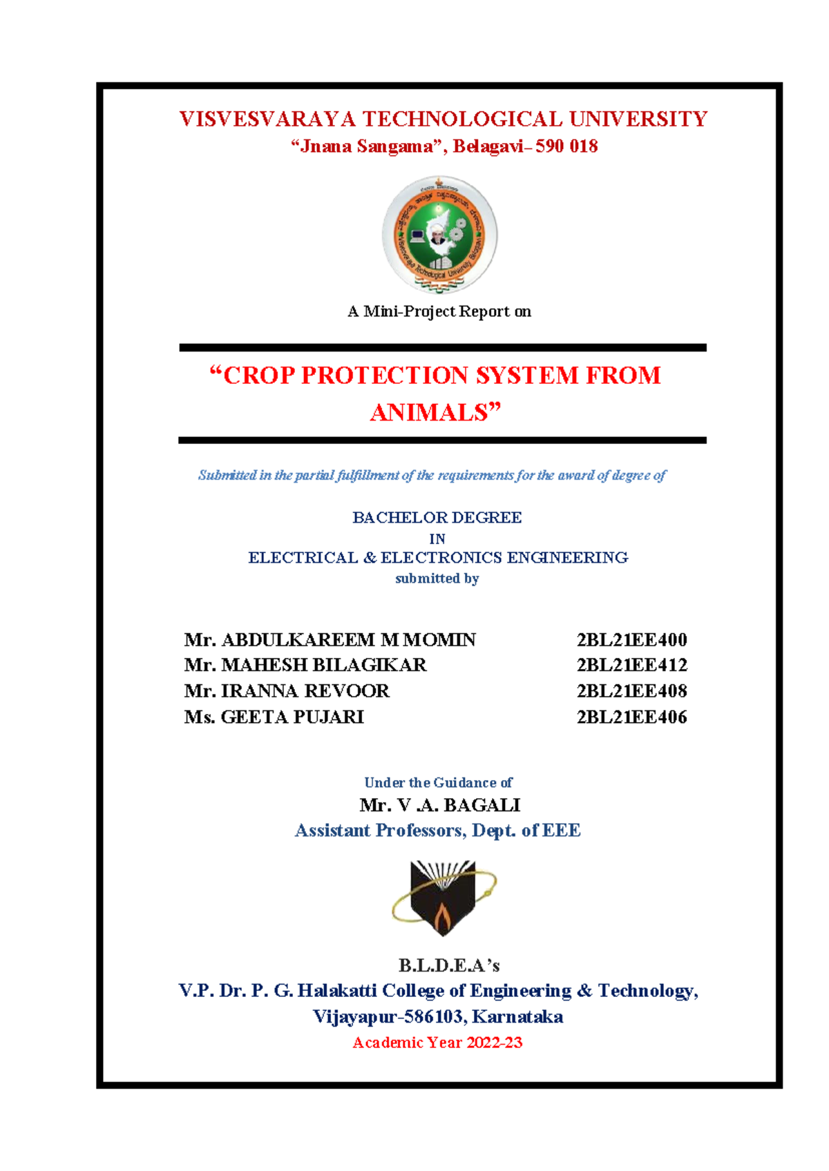 Crop protection system from animals - VISVESVARAYA TECHNOLOGICAL ...