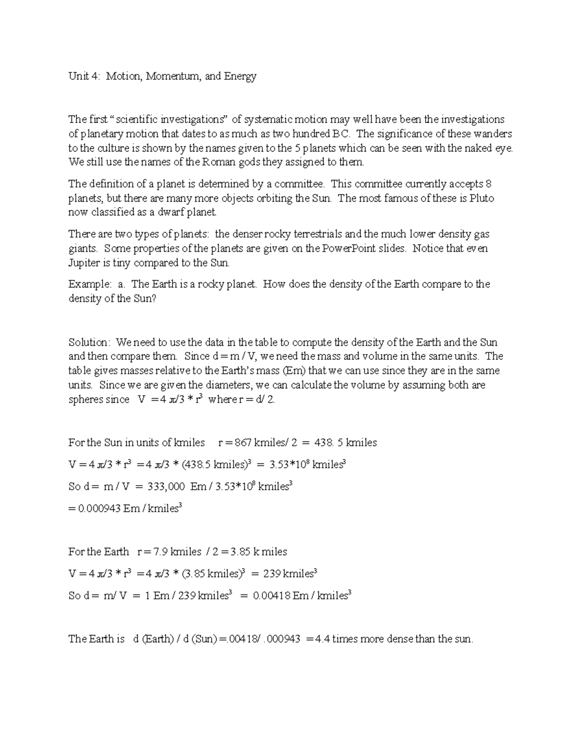 Notes for momentum and energy - Unit 4: Motion, Momentum, and Energy ...