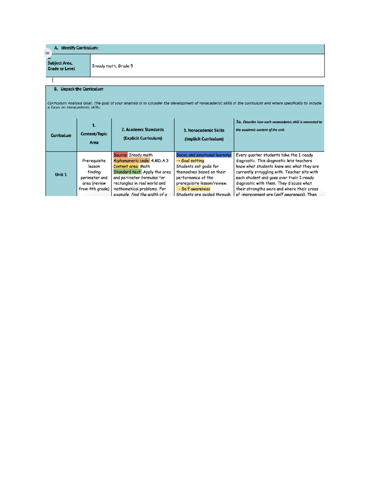 Task 1 1st part - A. Identify Curriculum: Subject Area, Iready math ...