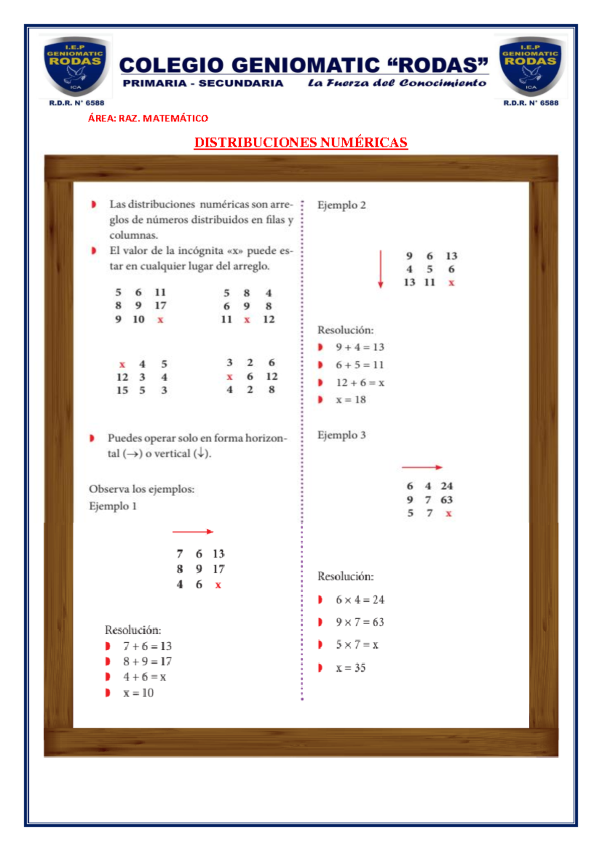 Ficha Distribuaciones Numericas - Matemática - ÁREA: RAZ. MATEMÁTICO ...