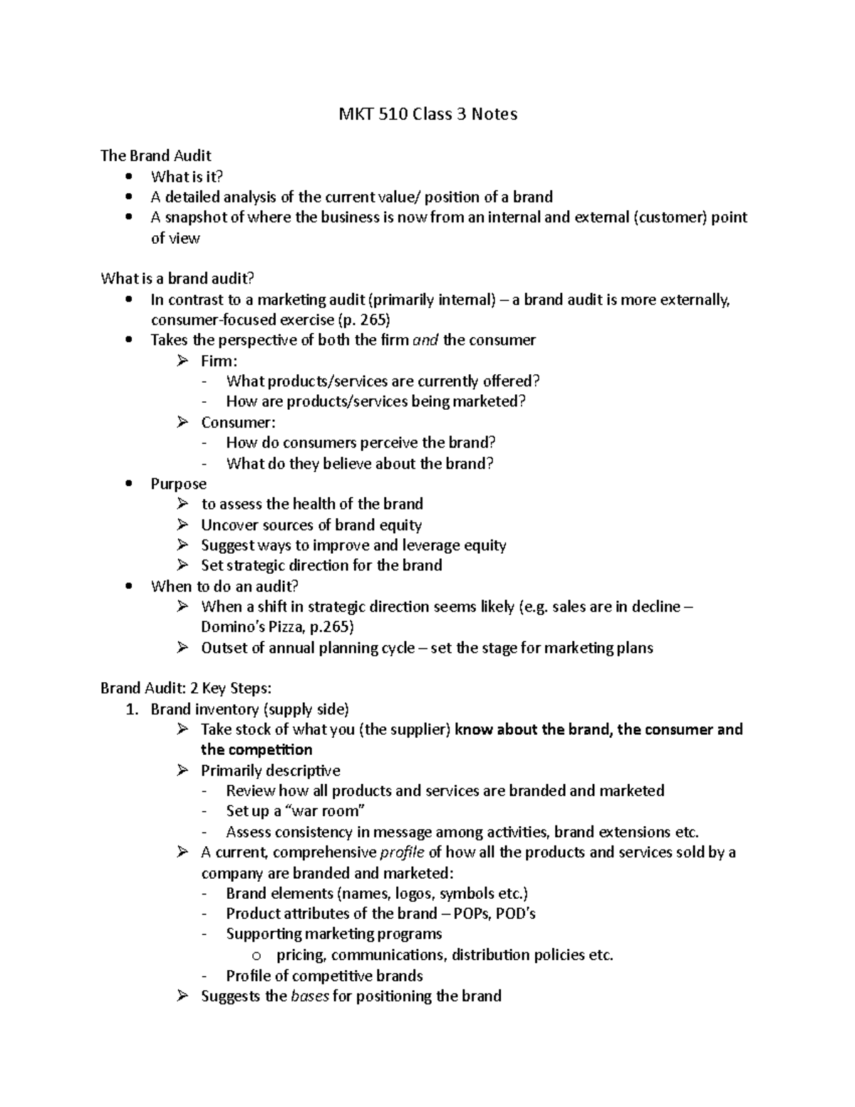 MKT 510 Class 3 Notes - MKT 510 Class 3 Notes The Brand Audit What is ...