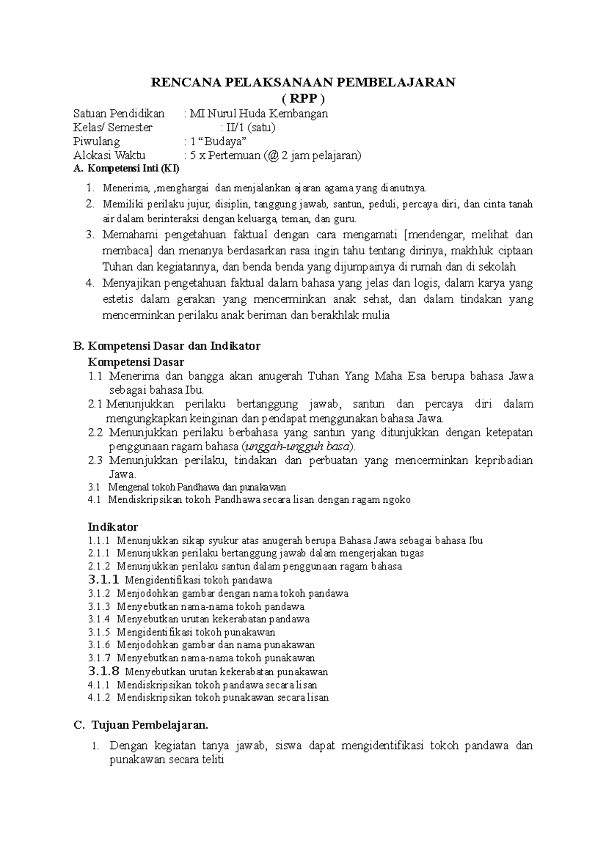 RPP Kelas 2 - program - RENCANA PELAKSANAAN PEMBELAJARAN ( RPP ) Satuan ...