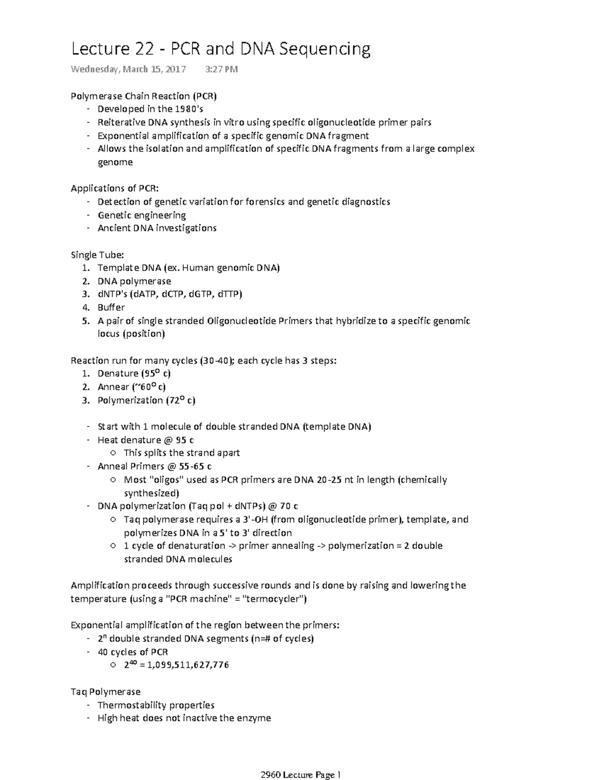 Lecture 22 - PCR and DNA Sequencing - Template DNA (ex. Human genomic ...