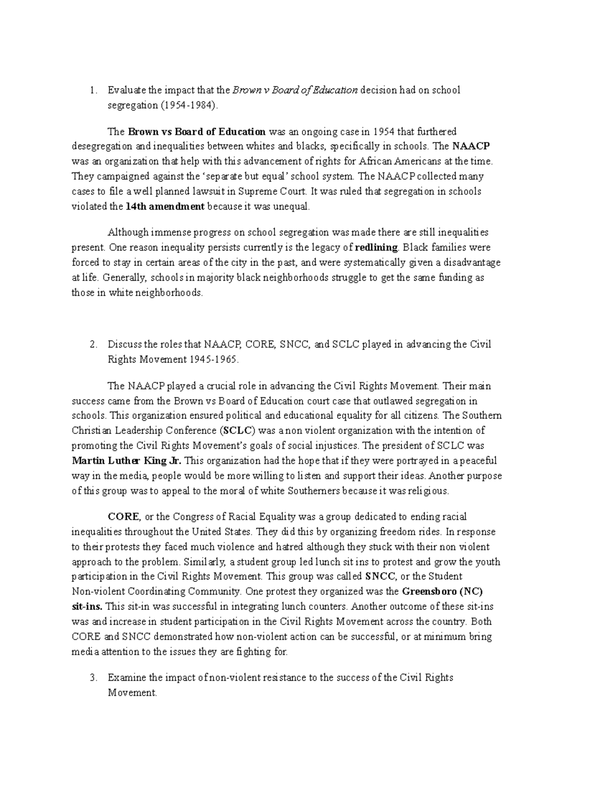 Civil rights unit questions - Evaluate the impact that the Brown v ...