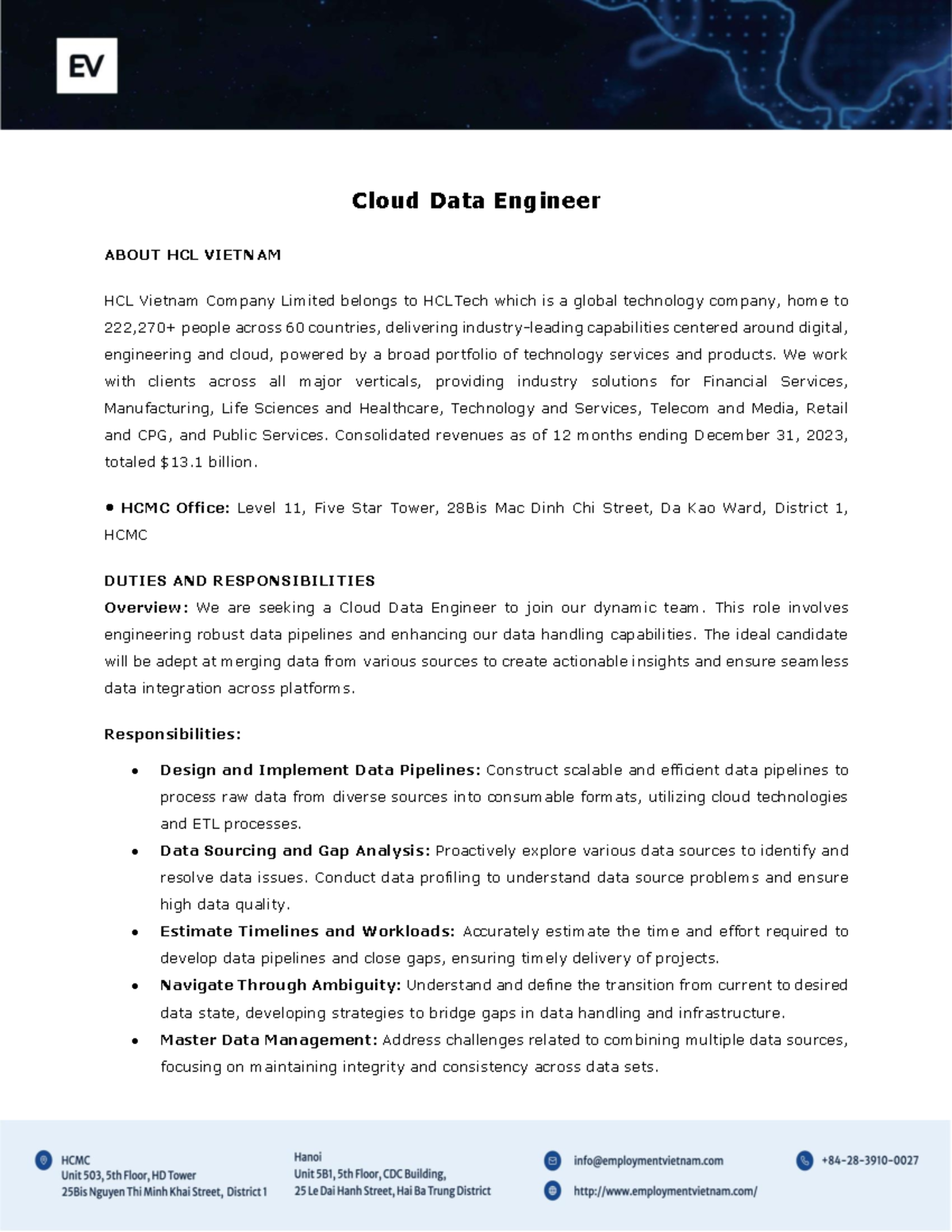 JD Data Analytics Engineer - Cloud Data Engineer ABOUT HCL VIETNAM HCL ...