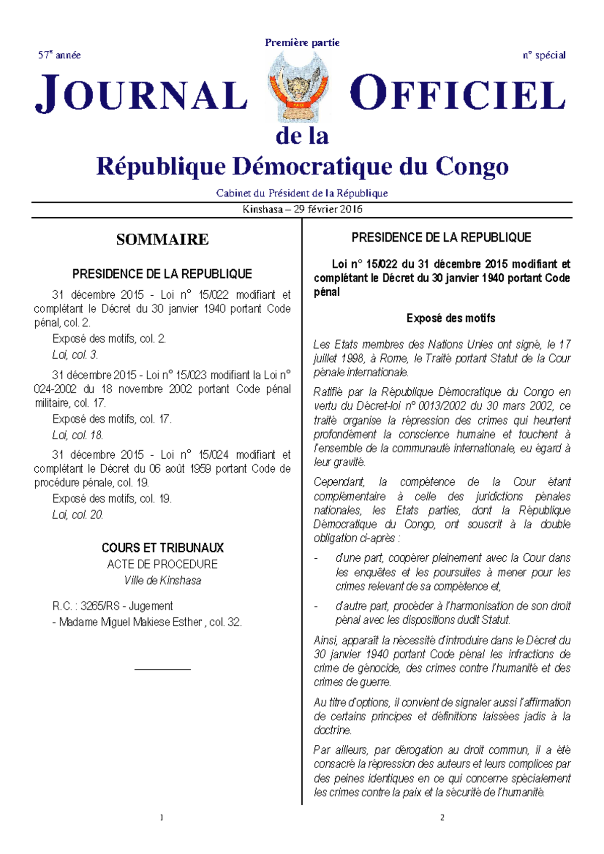 LOI MISE EN Oeuvre Statut DE ROME-RDC 2015 - Première partie 57 e année ...