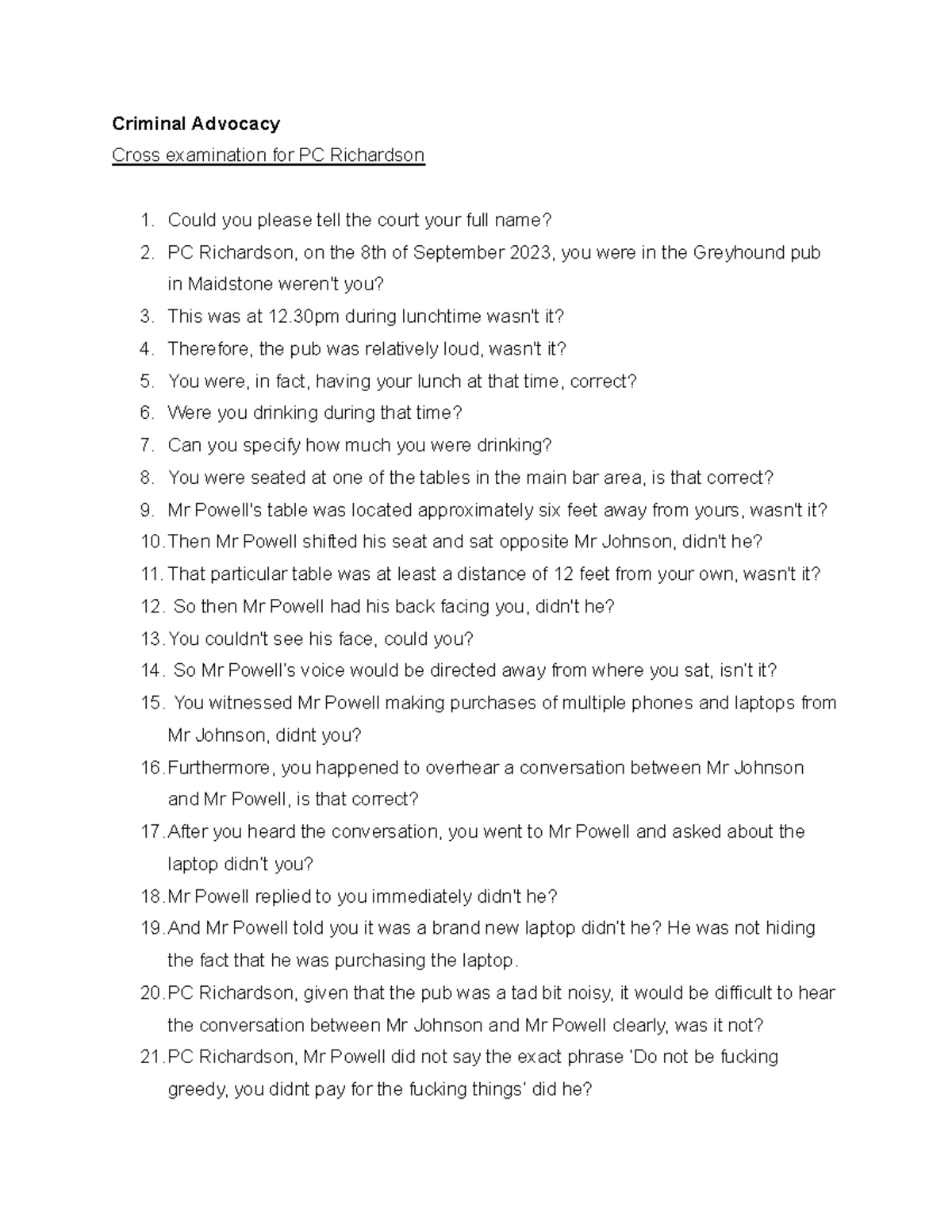 WEEK 6 - Criminal Advocacy Cross Examination - Criminal Advocacy Cross ...