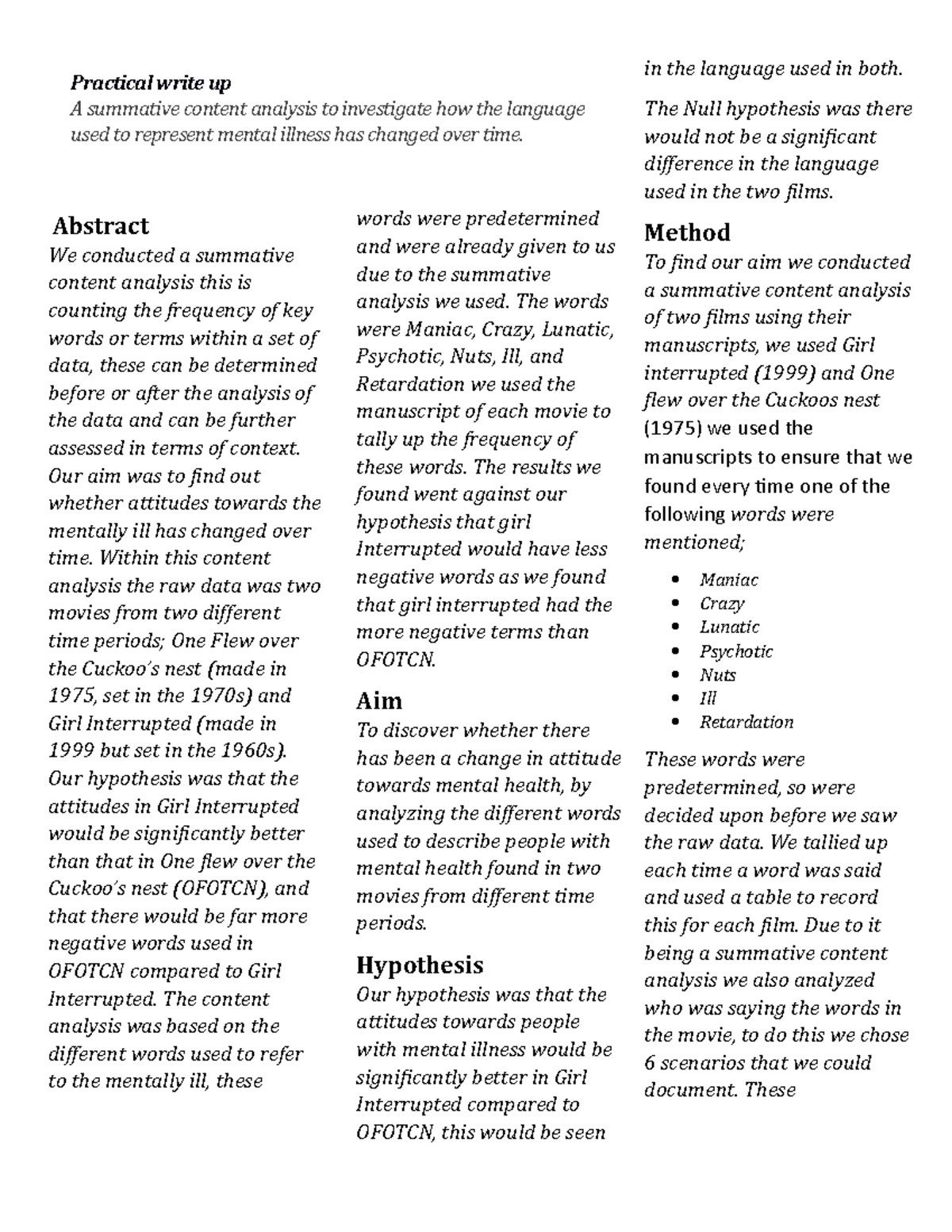 Practical write up- mental illness - Practical write up A summative ...