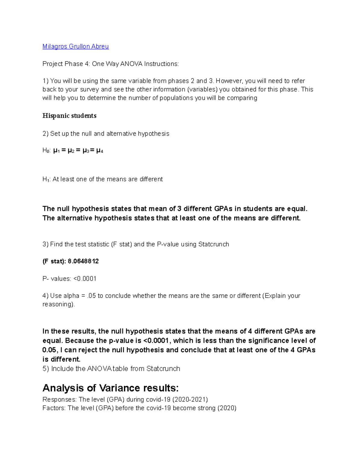 Project Phase 4 One Way Anova Instructions - Milagros Grullon Abreu ...