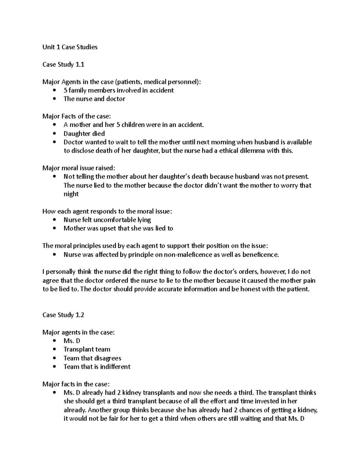 Unit 1 Case Studies - Unit 1 Case Studies Case Study 1. Major Agents in ...