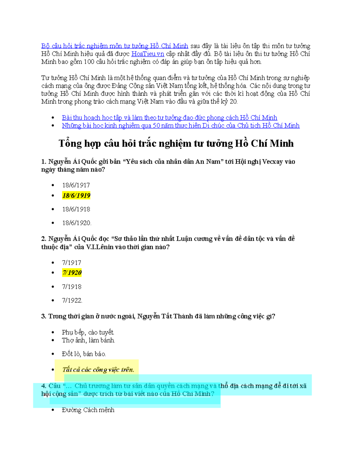 Ngan hang cau hoi trac nghiem tu tuong ho chi minh - Bộ câu hỏi trắc nghiệm môn tư tưởng Hồ Chí ...