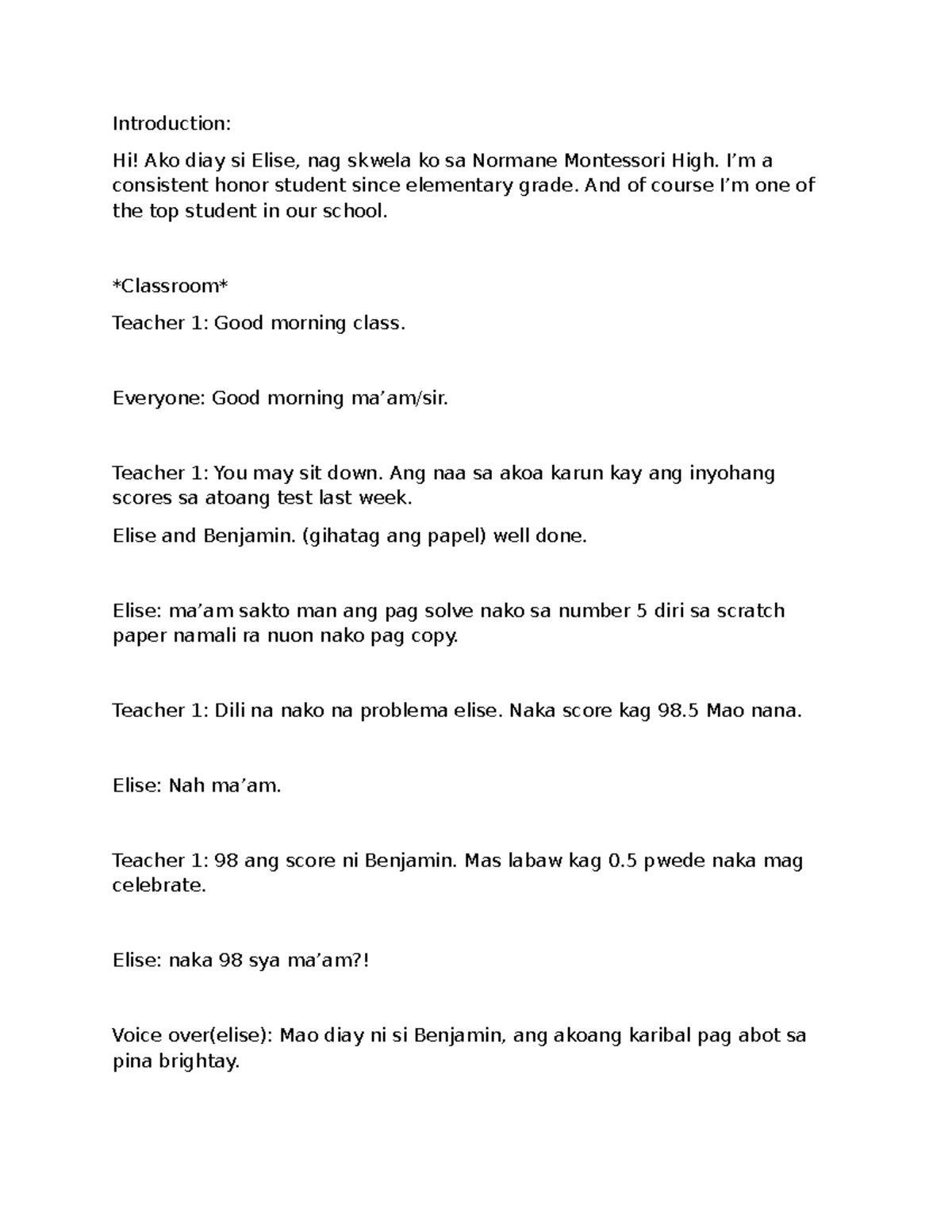 Movie Script - Noli me tangere - Introduction: Hi! Ako diay si Elise ...