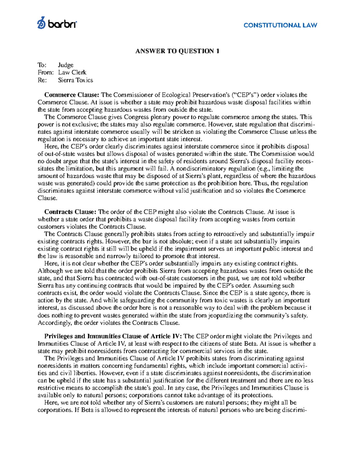 Con Law model answers - CONSTITUTIONAL LAW ANSWER TO QUESTION 1 To ...