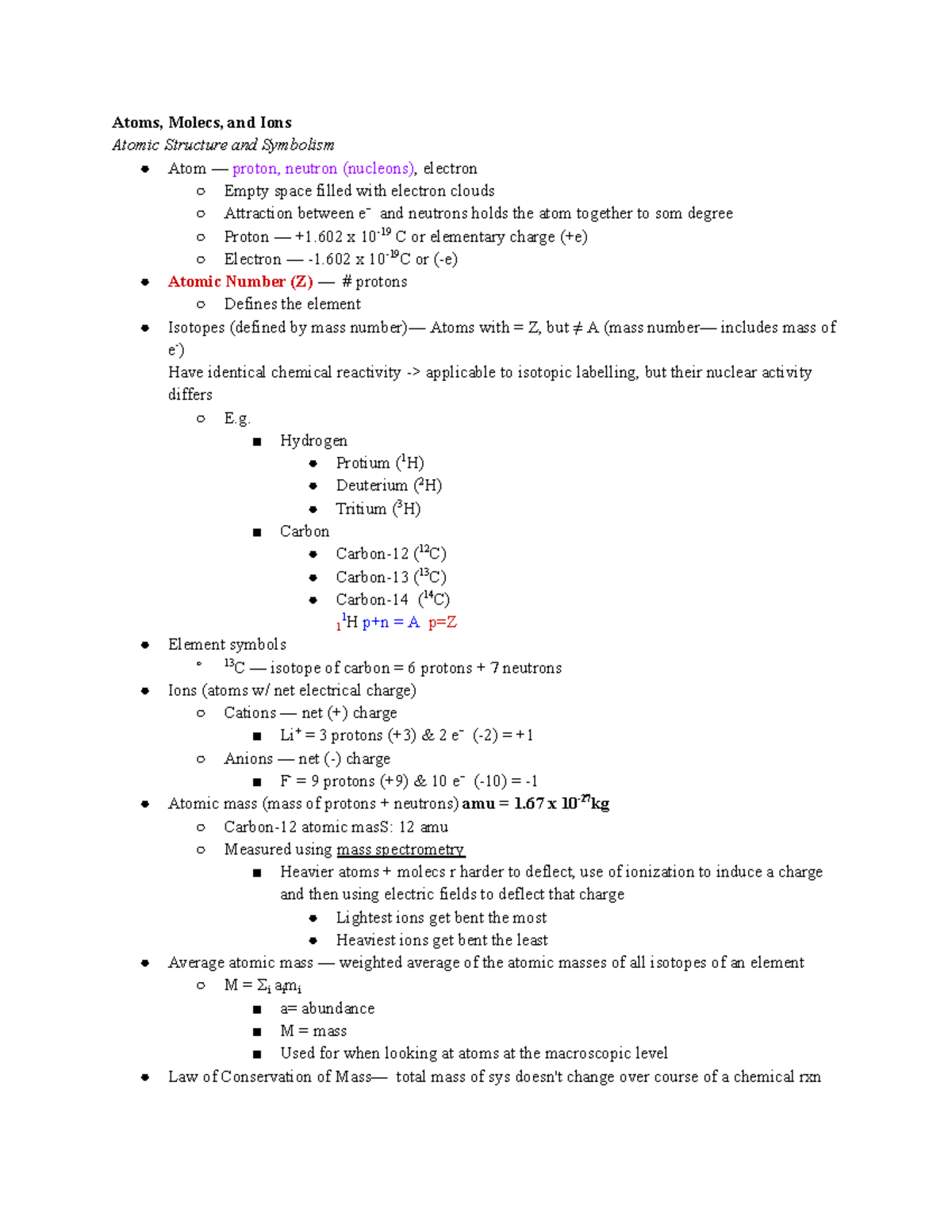 CHEM 1211K ch2 - Content that will appear on exam 1 - Atoms, Molecs ...