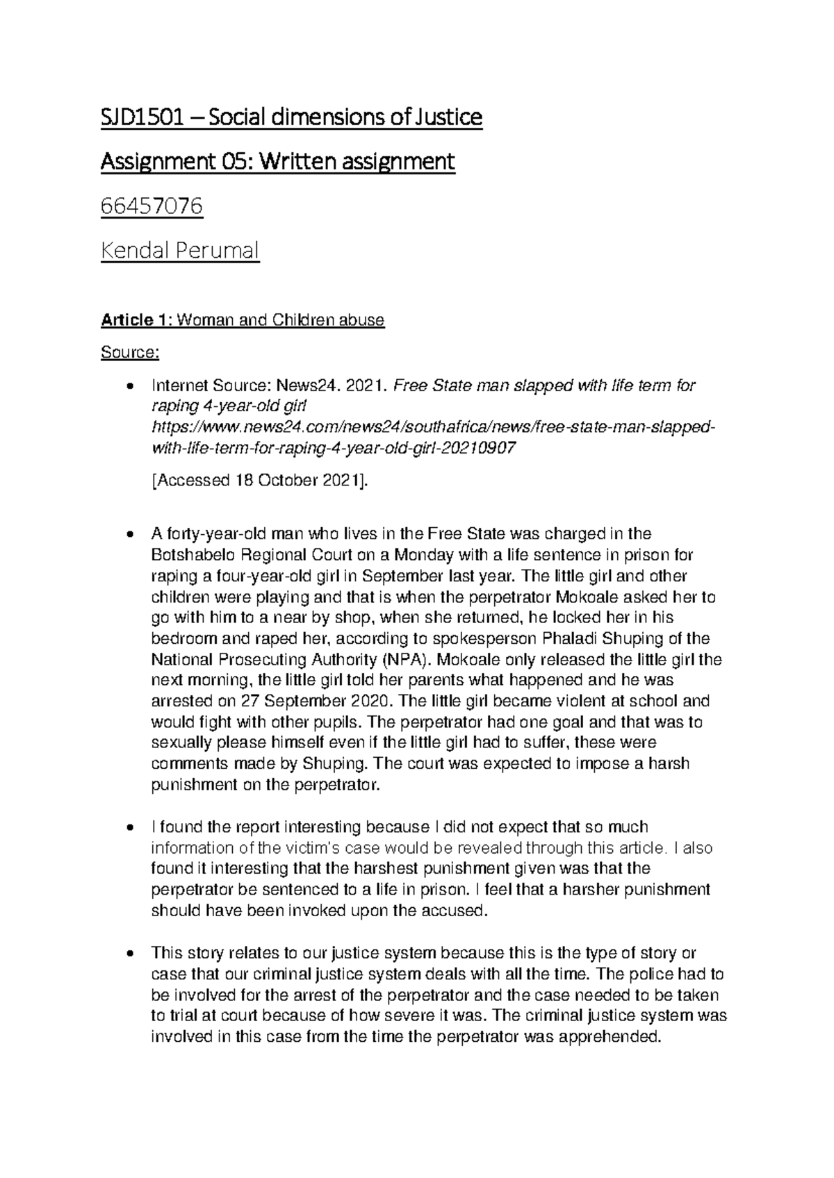 SJD1501 - Assignment 05 - 66457076 - SJD1501 – Social dimensions of ...