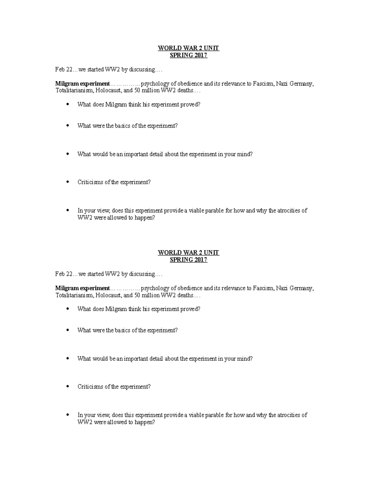 WW2Spr17 - WORLD WAR II - ####### WORLD WAR 2 UNIT ####### SPRING 2017 ...