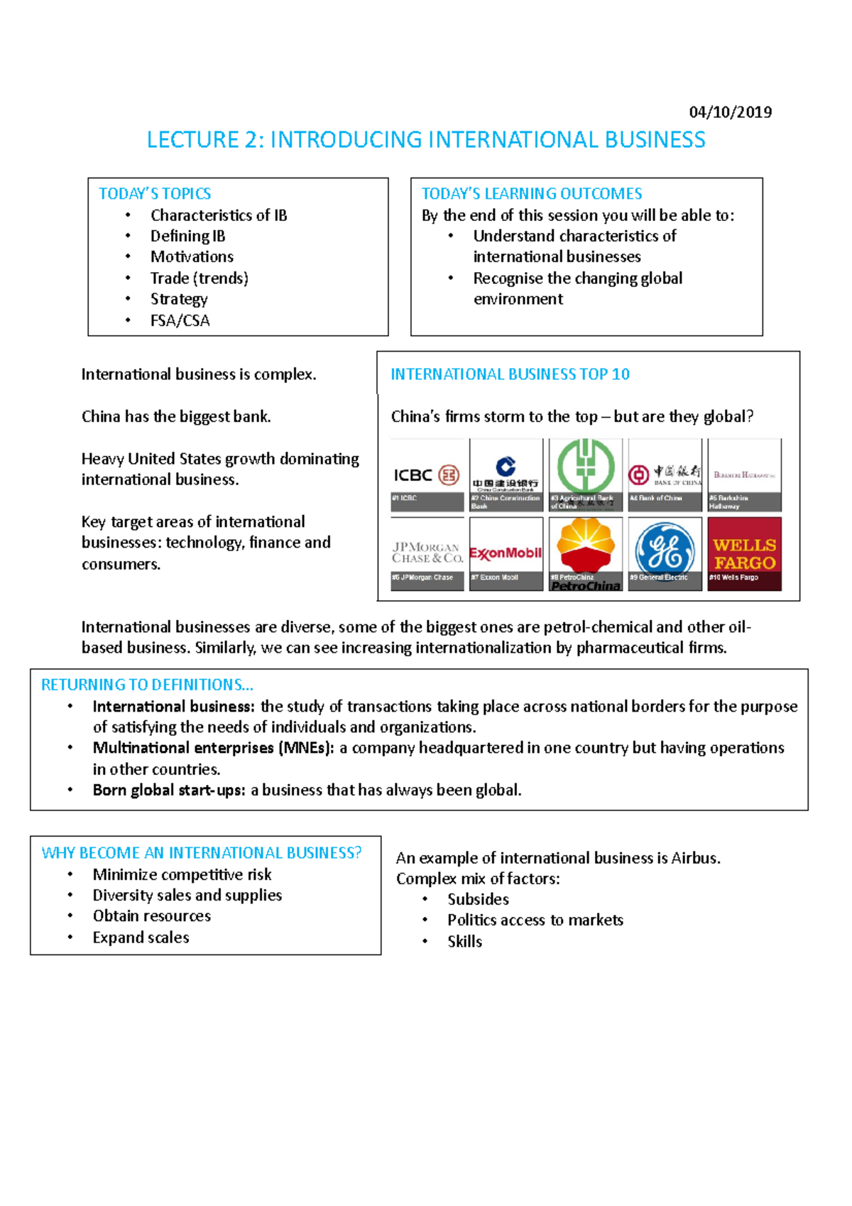 MN1205 Lecture 2 - Introducing international business - 04/10/ LECTURE ...