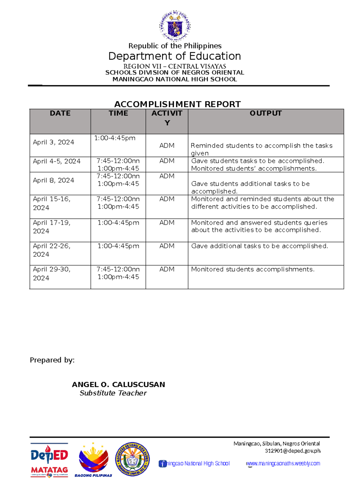 Accomplishment 2024 - Republic of the Philippines Department of ...