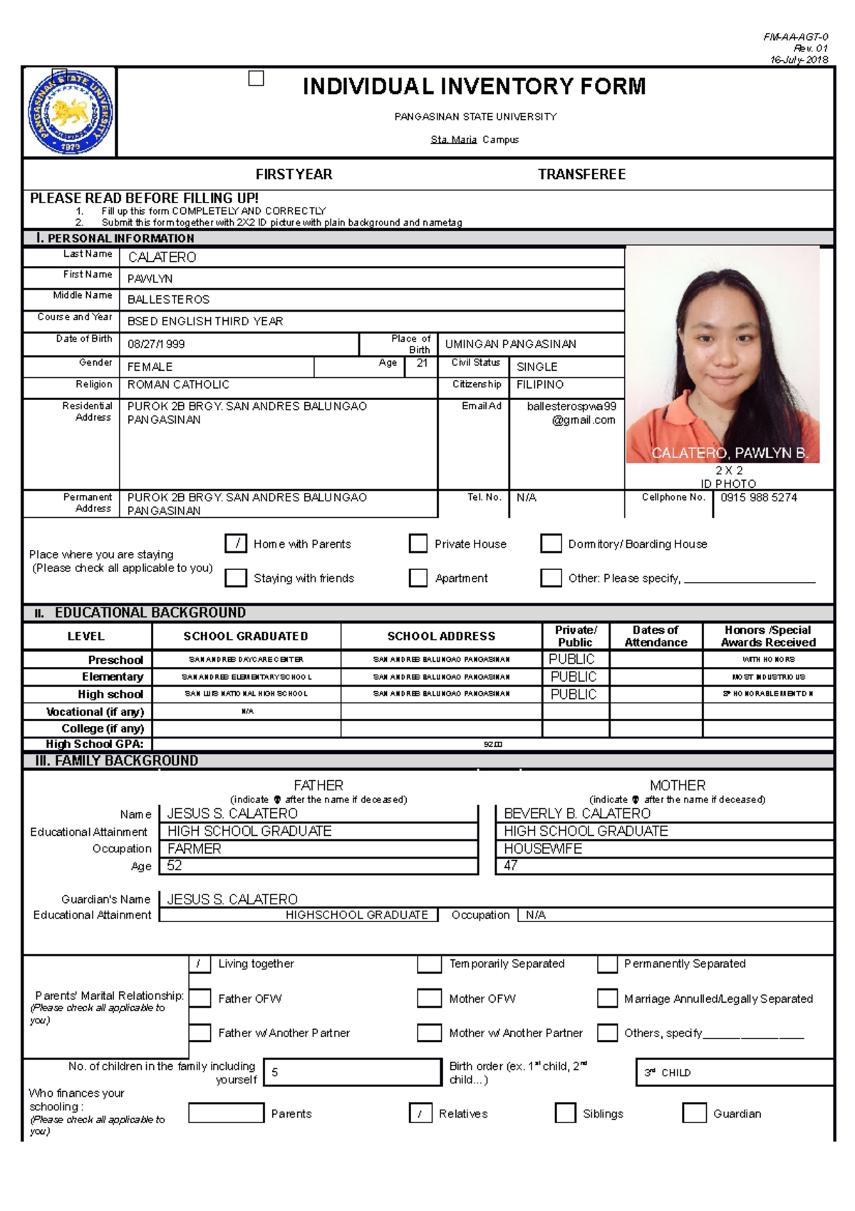Calatero Pawlyn Individual Inventory Form - Bachelor of Secondary ...