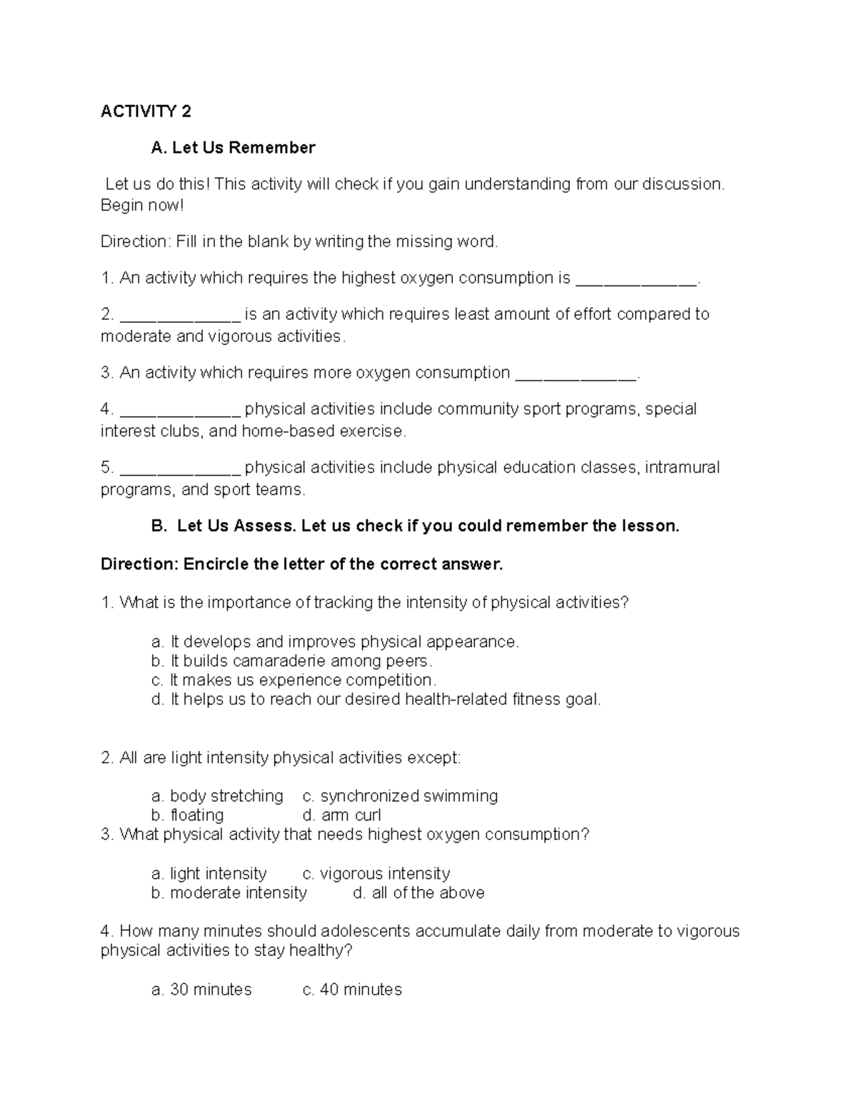 Activity 2 Recreational Activities Aquatics - ACTIVITY 2 A. Let Us ...