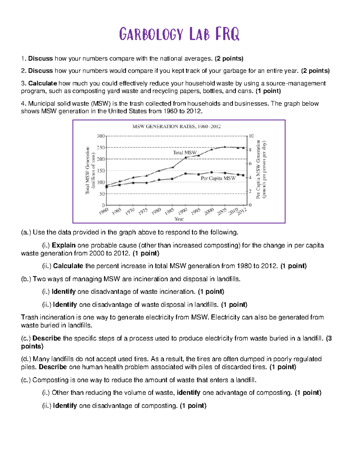 Garbology Lab FRQ - idk - Garbology Lab FRQ 1. Discuss how your numbers ...