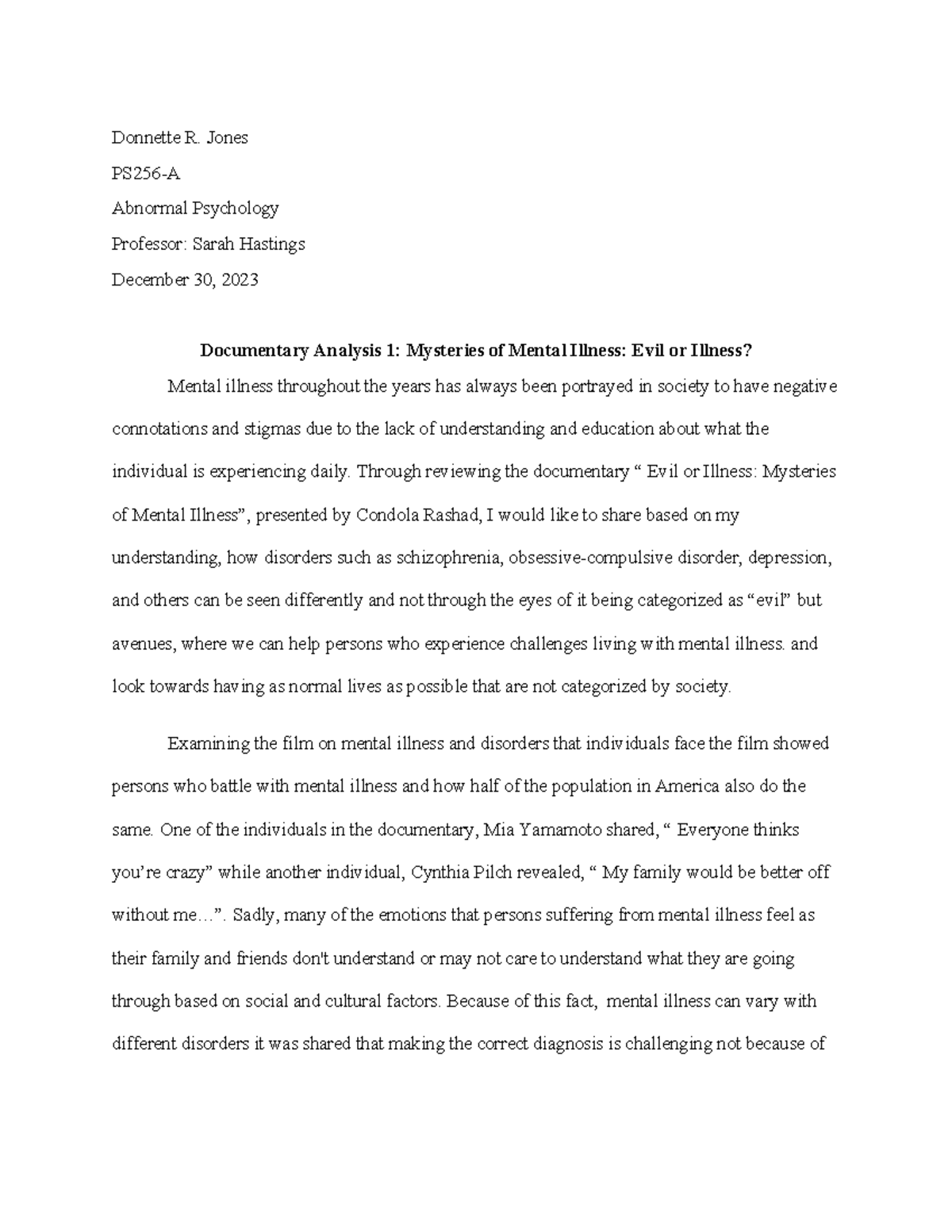 PS256-A- Week 2- Documentary Analysis 1 Mysteries of Mental Illness ...