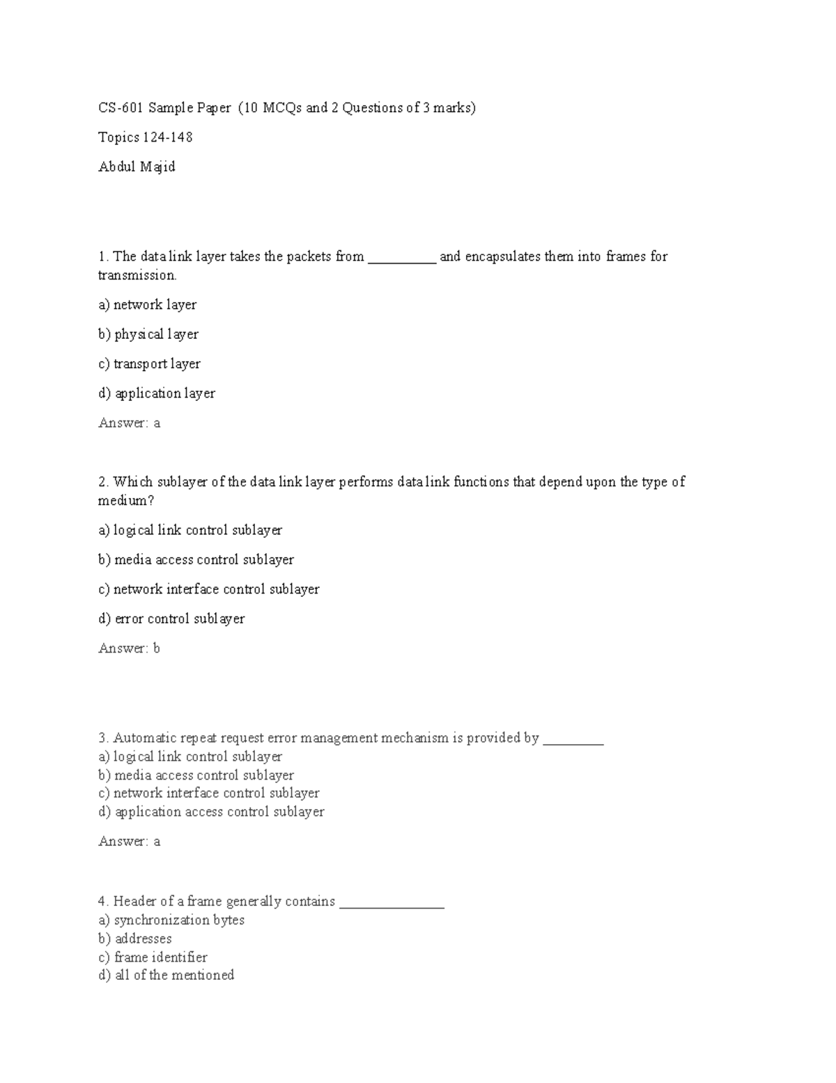 Cs407-sample paper f2022 - CS-601 Sample Paper (10 MCQs and 2 Questions ...
