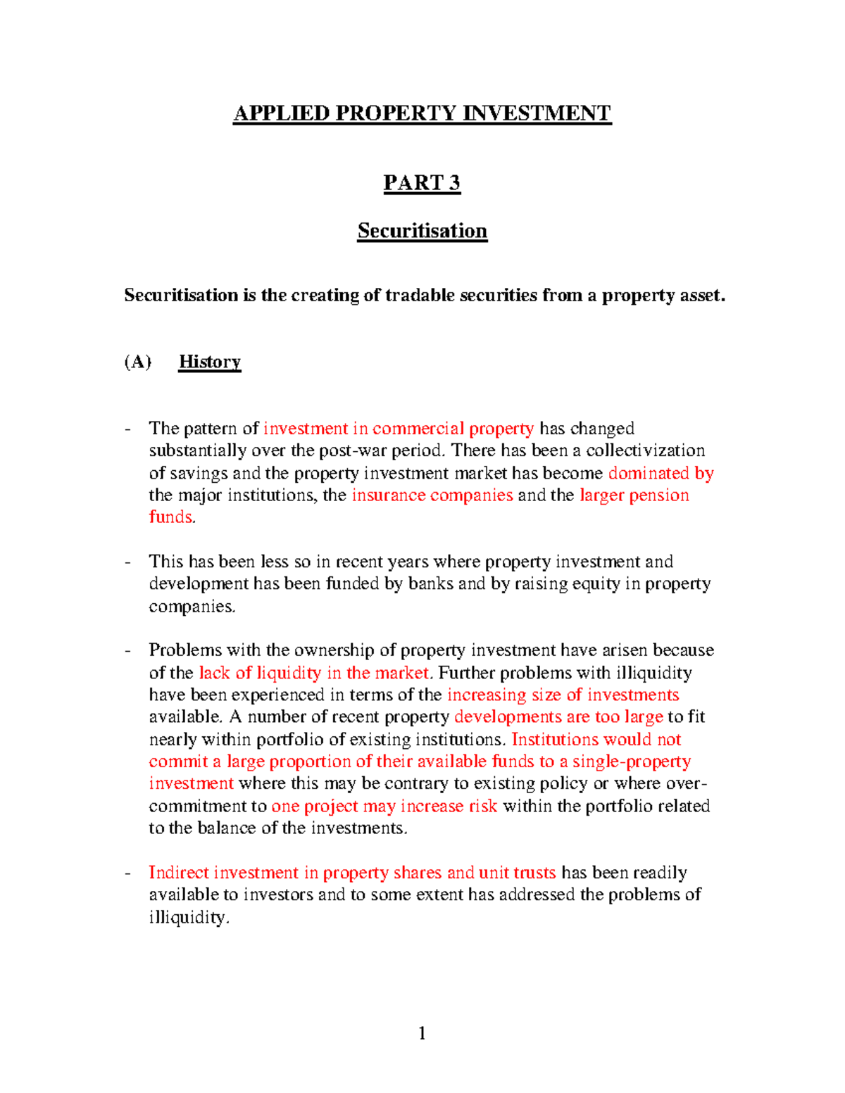 Investment 3 - Lecture notes - 1 APPLIED PROPERTY INVESTMENT PART 3 ...