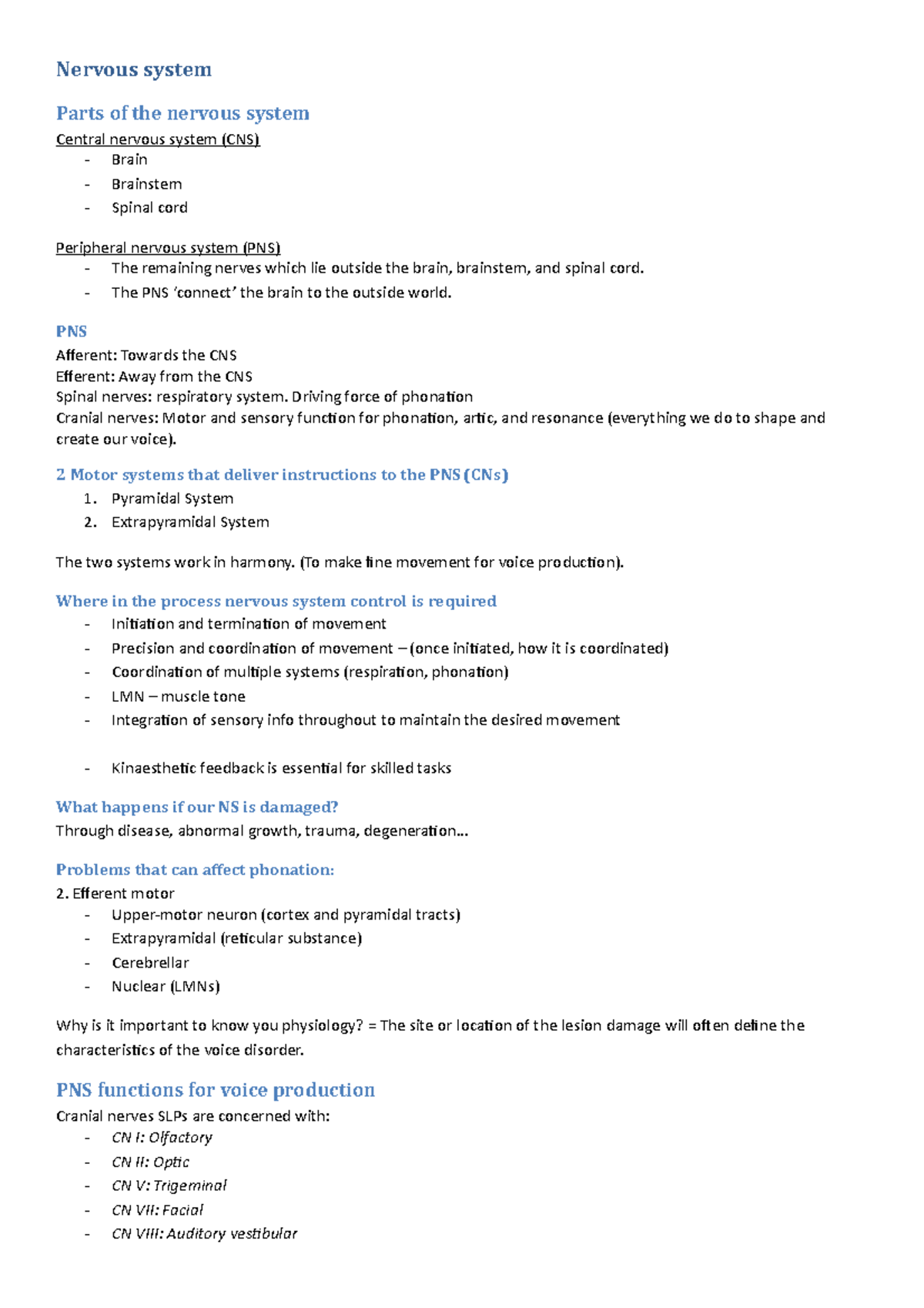 7.1 Nervous system notes - Nervous system Parts of the nervous system ...