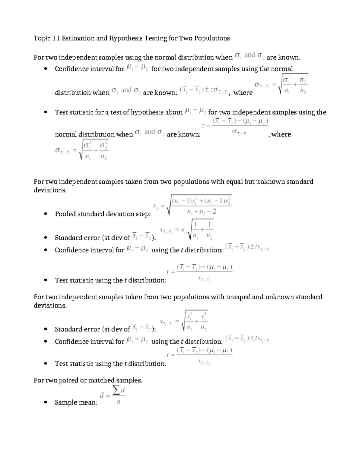Stats Formulas Topic 11 - Topic 11 Estimation and Hypothesis Testing ...