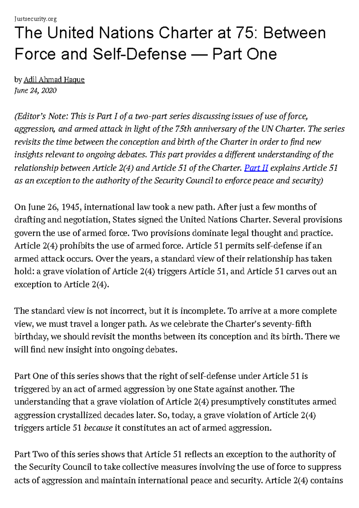 The United Nations Charter at 75 Between Force and Self-Defense — Part ...
