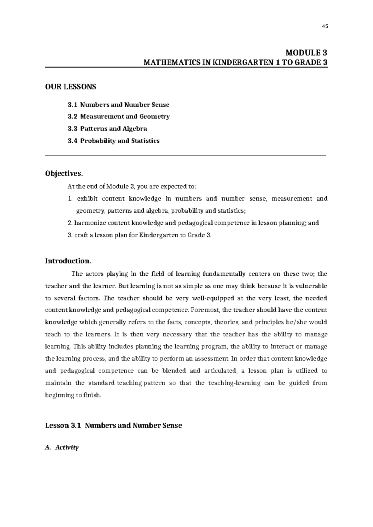 5 - LESSON PLAN - MODULE 3 MATHEMATICS IN KINDERGARTEN 1 TO GRADE 3 OUR ...