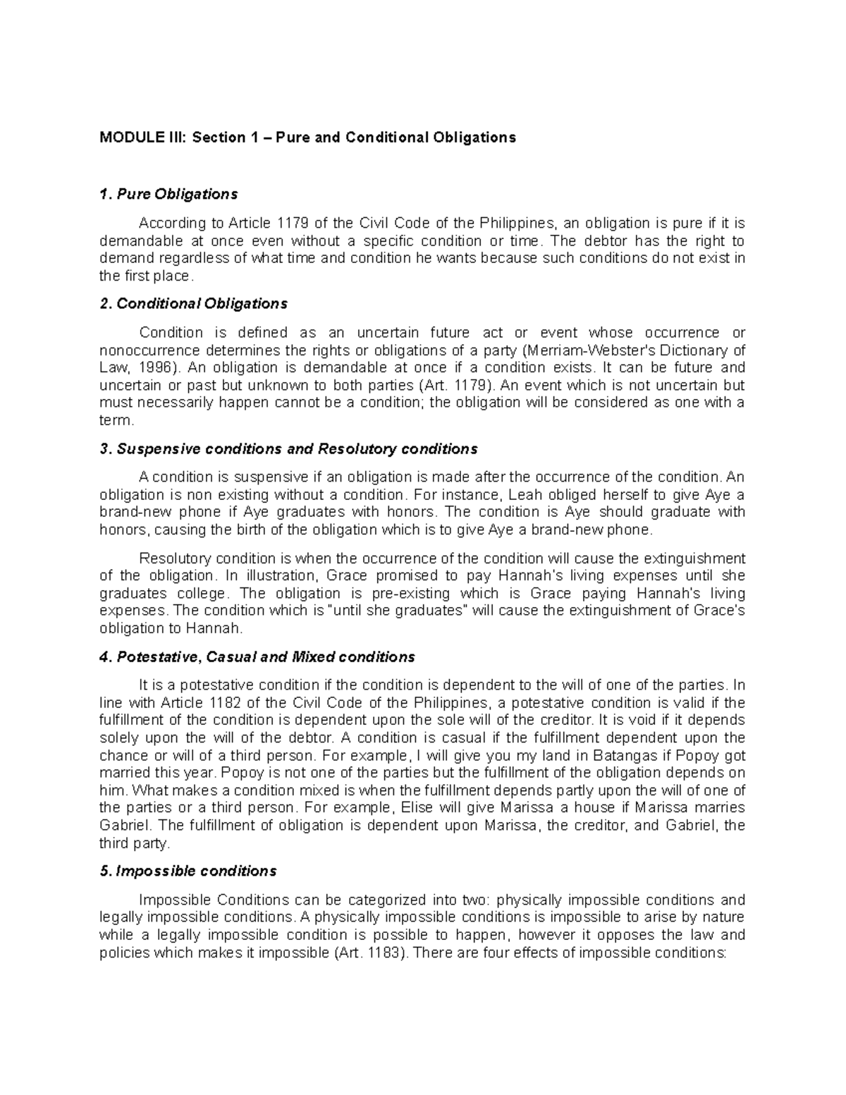 Activity 3 Oblicon - MODULE III: Section 1 – Pure and Conditional Obligations 1. Pure ...