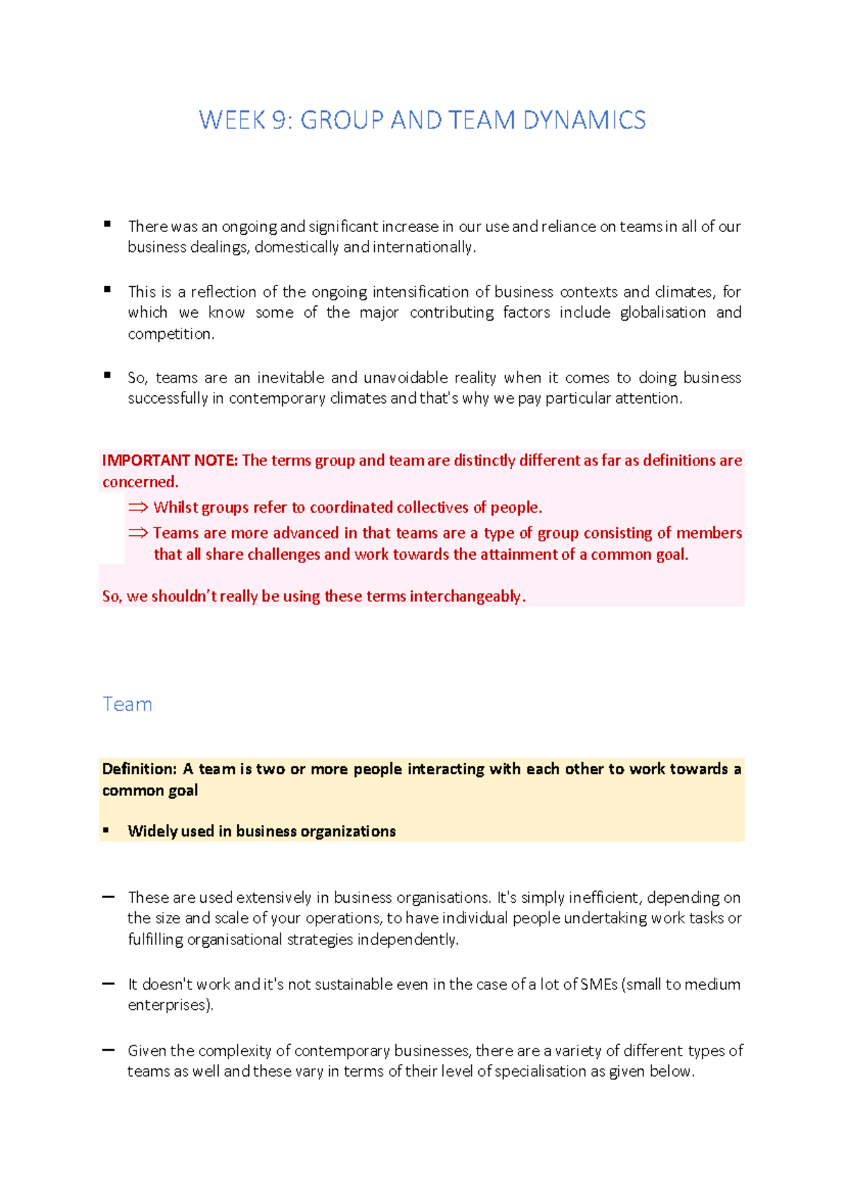 WEEK 9 notes - WEEK 9: GROUP AND TEAM DYNAMICS There was an ongoing and ...