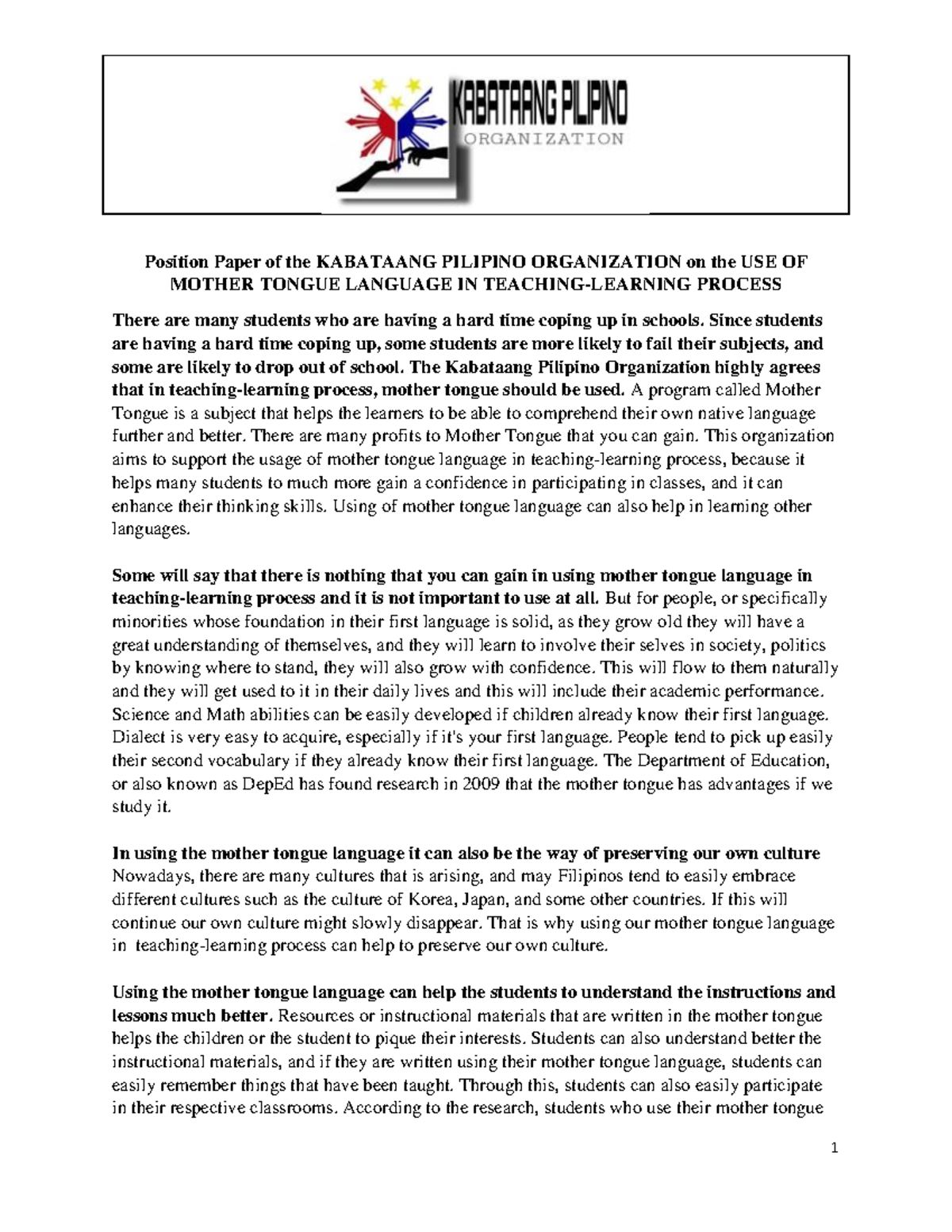 English - Example of position paper. - Position Paper of the KABATAANG ...