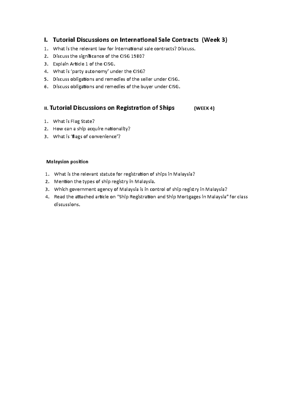 221050 Tutorial Questions1 - I. Tutorial Discussions on International ...