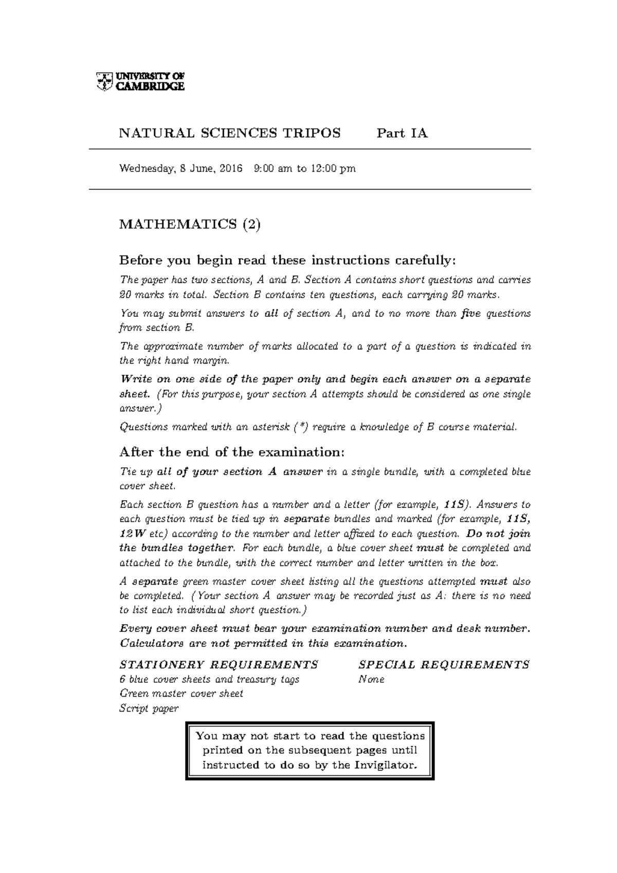Exam 2016, questions - Exam 2 - NATURAL SCIENCES TRIPOS Part IA ...