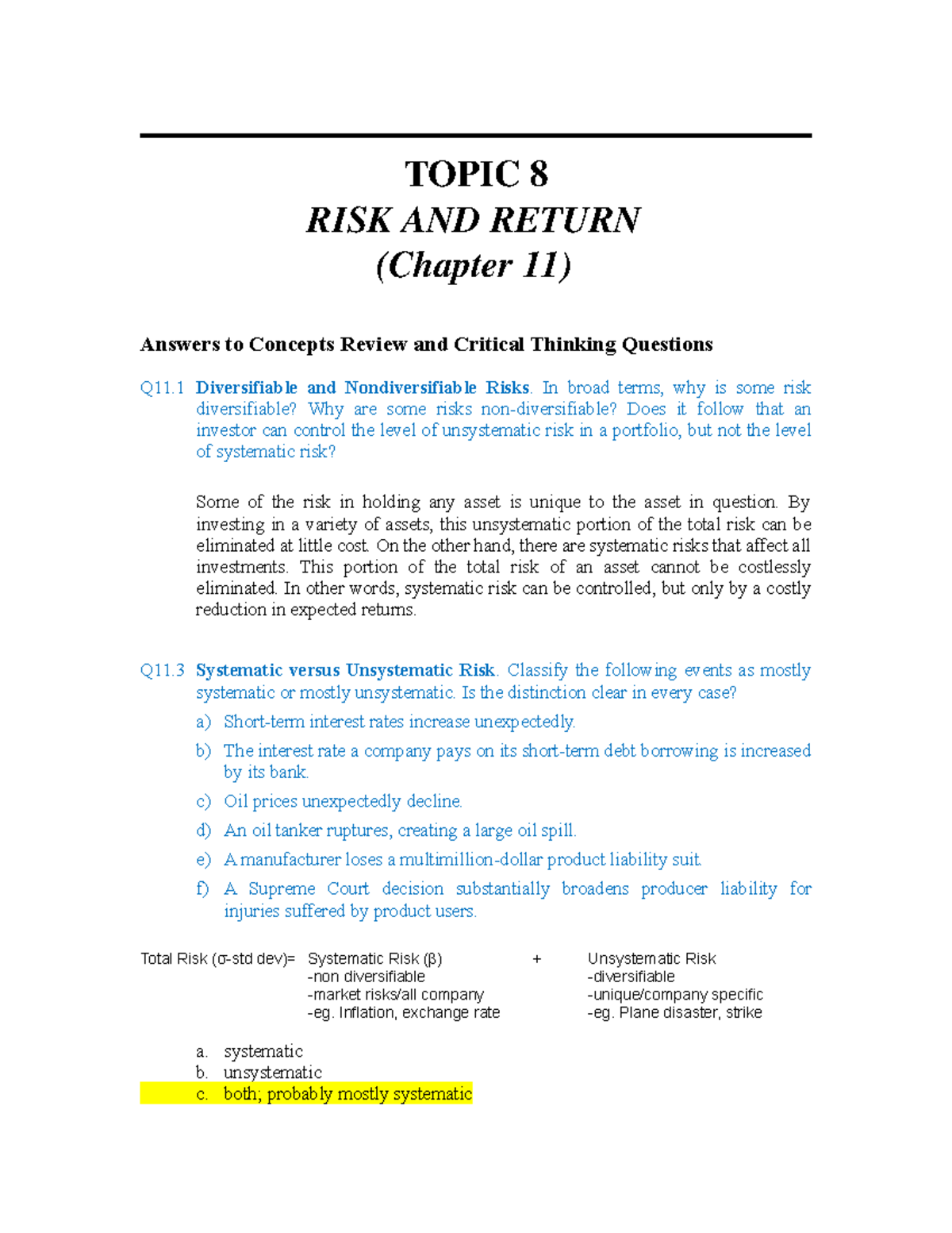 Topic 8 - Risk Return - Corporate Finance Tutorial - TOPIC 8 RISK AND ...