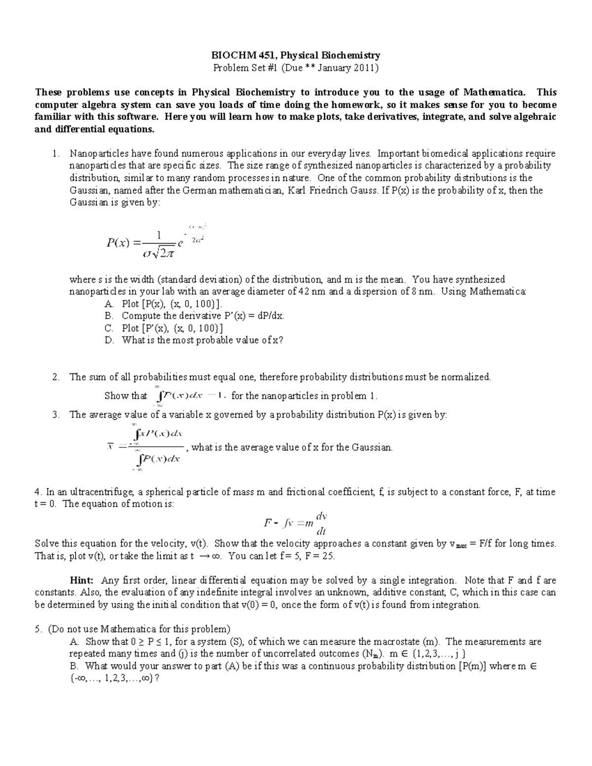 Ps1 2011 - Mathematica-based homework and key - BIOCHM 451, Physical Biochemistry Problem Set #1 ...
