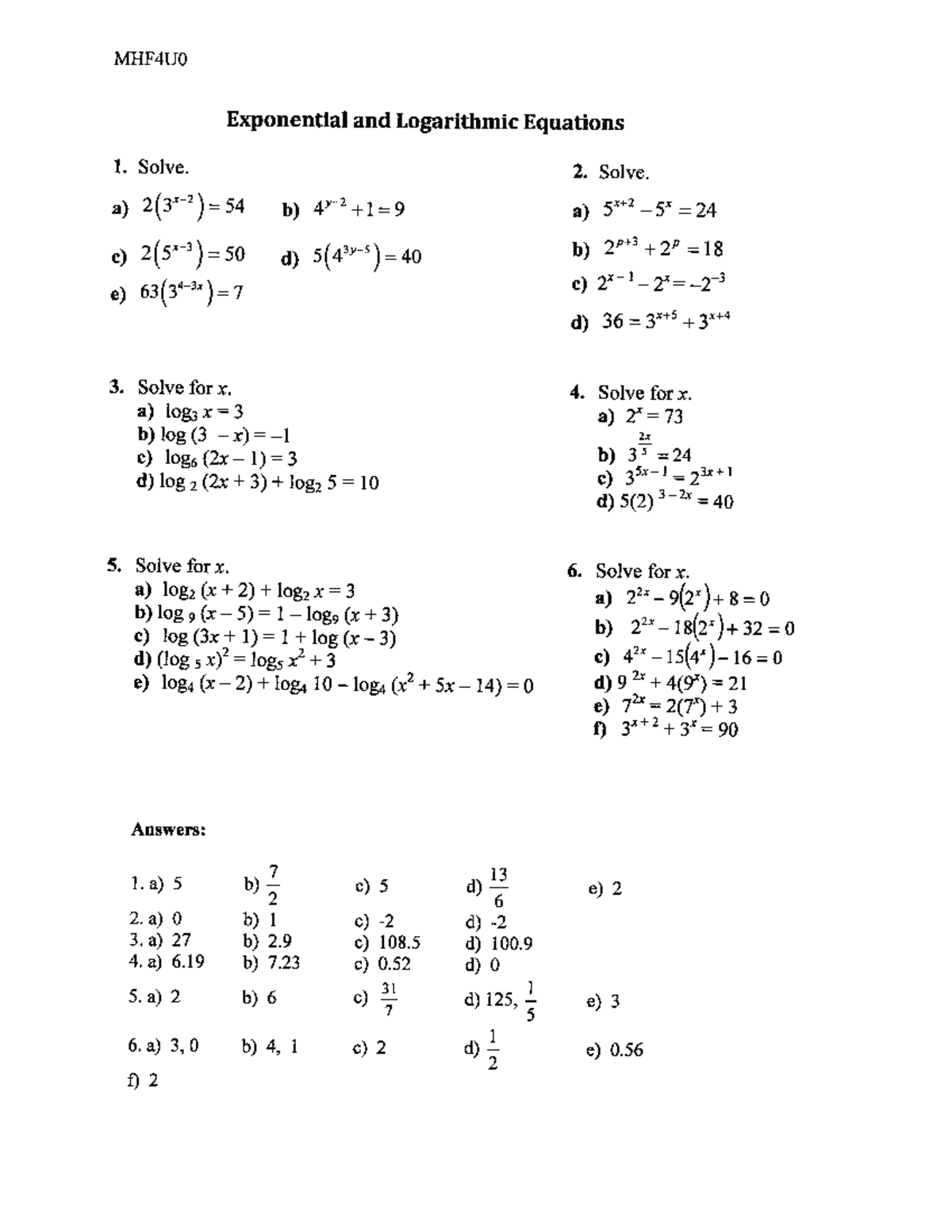 Exp & Log Eqns - Log Practice - MHF4U0 Exponential and Logarithmic ...