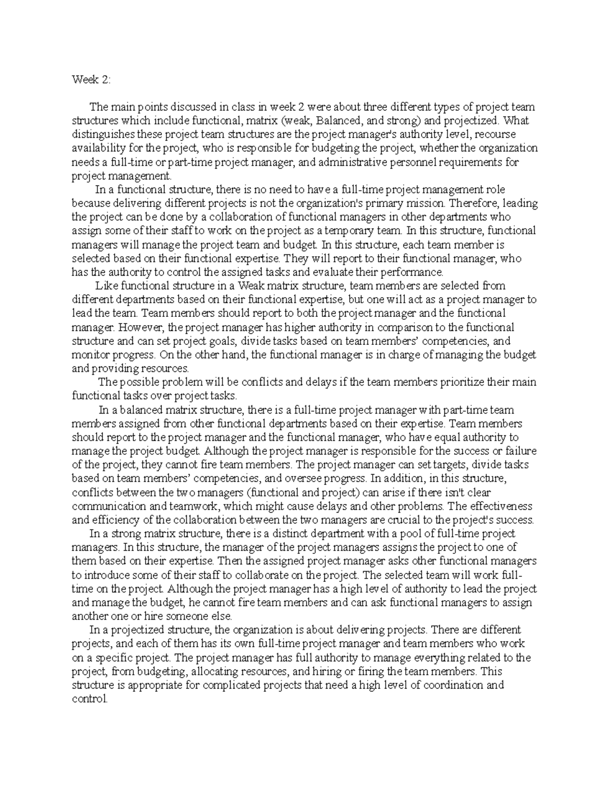 Project management discussion - Week 2: The main points discussed in ...