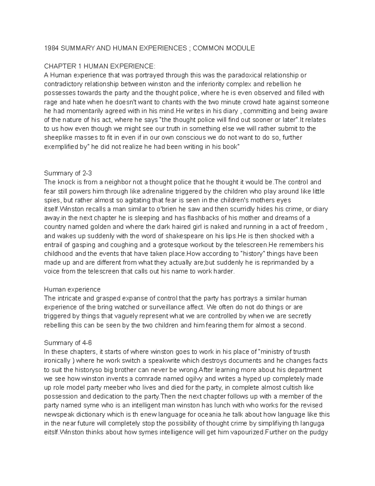 English summaries 1984 - 1984 SUMMARY AND HUMAN EXPERIENCES ; COMMON ...