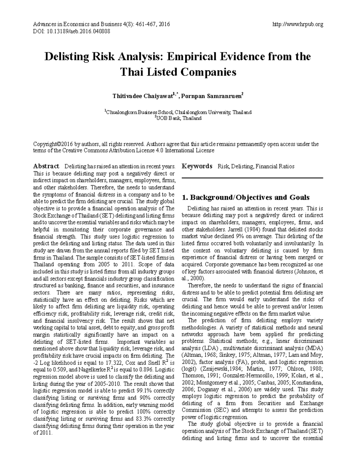 Delisting Risk Analysis Empirical Evidence from th - Advances in ...