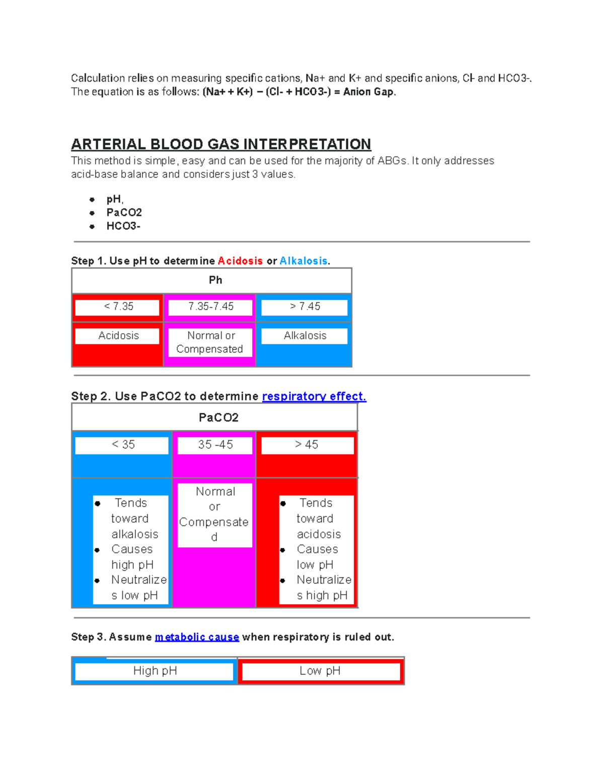 NURS Arterial Blood Gas - Calculation relies on measuring specific ...